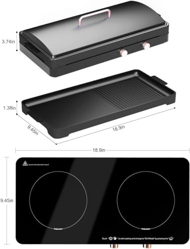 2-in-1 Electric Griddle & Induction Cooktop and 1800W Induction Burner with Removable Griddle Pan Non-stick,Dual Independent Temperature Control Options with Timer,for Kitchen and Outdoor BBQ