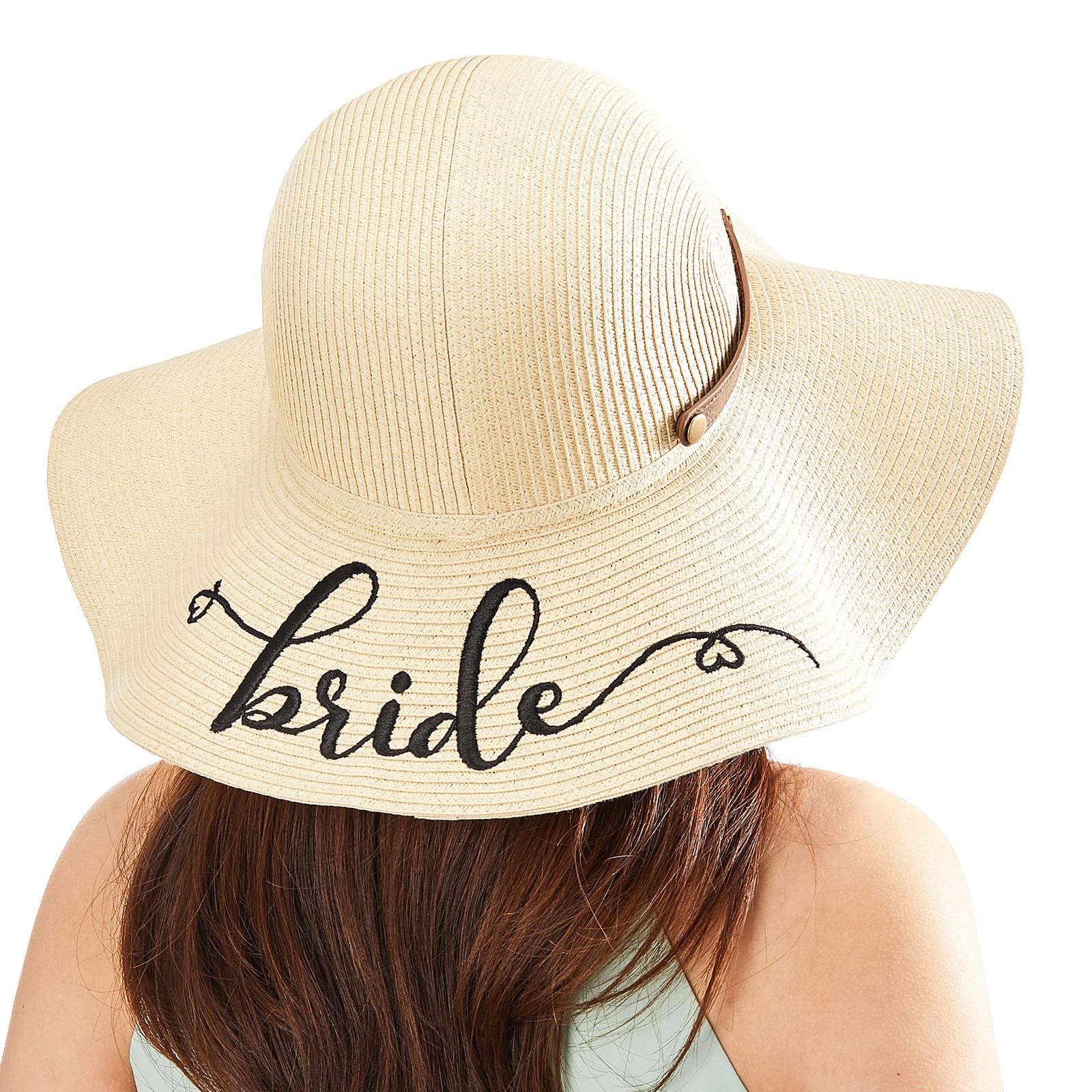 AW BRIDAL Bachelorette Party Favors Bride Hat, Wedding Bride to Be Gifts Bridal Shower Gift for Bride Beach Hat, Wide Brim Floppy Embroidered Straw Sun Hat UPF50+ Beige