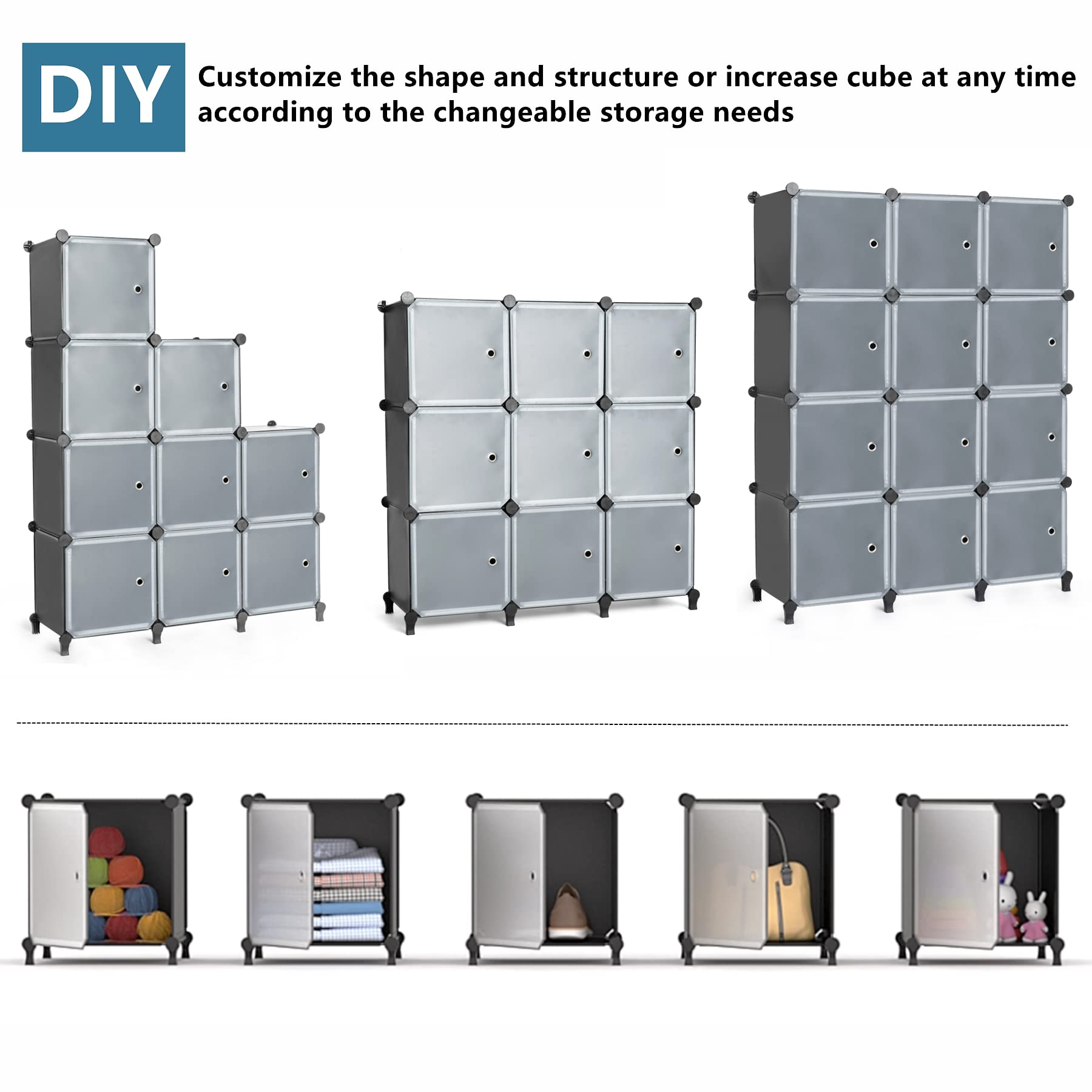 AWTATOS Storage Cube Organizer with Doors, Stackable Closet Shelf for Bedroom, Clothes Shelving Rack, DIY Square 9 Cubes Bookcase Bookshelf, Plastic Space Saver for Home, Living Room, Office, Black