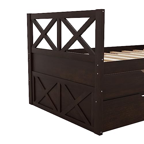 Brisca Twin Size Multi-Functional Daybed with Two Drawers and Trundle,Solid Pine Wood Bed W/X Frame On Side,for Guest Room,Bedroom,Espresso