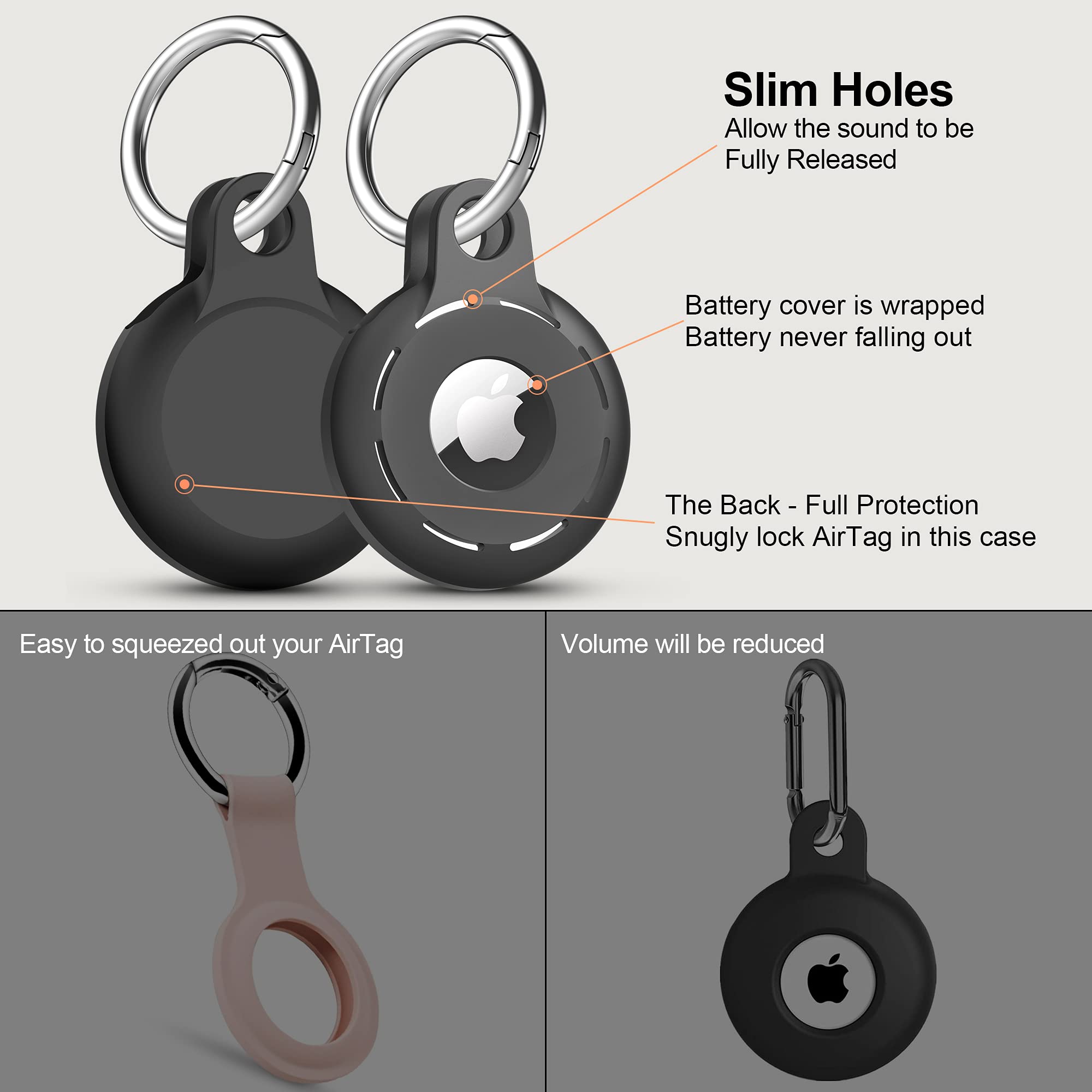 Migeec Silicone Protective Case for AirTag with Sound Holes and Keychain Hook Strap, Safety Anti-Lost Portable - Pack of 2 (Black)