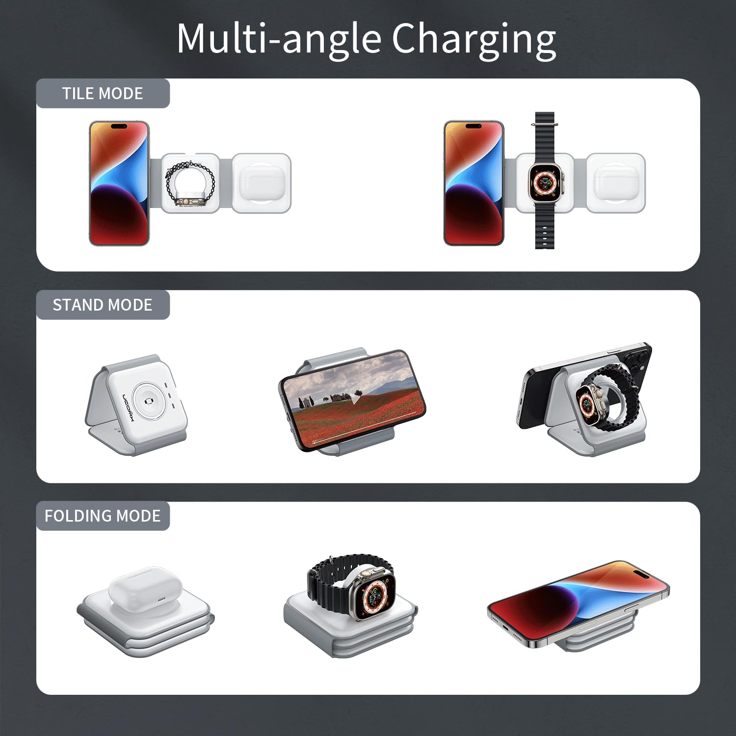 πππ for Magnetic Multple Devices,UCOMX Nano Pro 3-in-1 Wireless Charging Station,Top Speed Wireless Charger for Multple Device with 30W Adapter,Compatible for iPhone 15/14/13/12,AirPods,iWatch