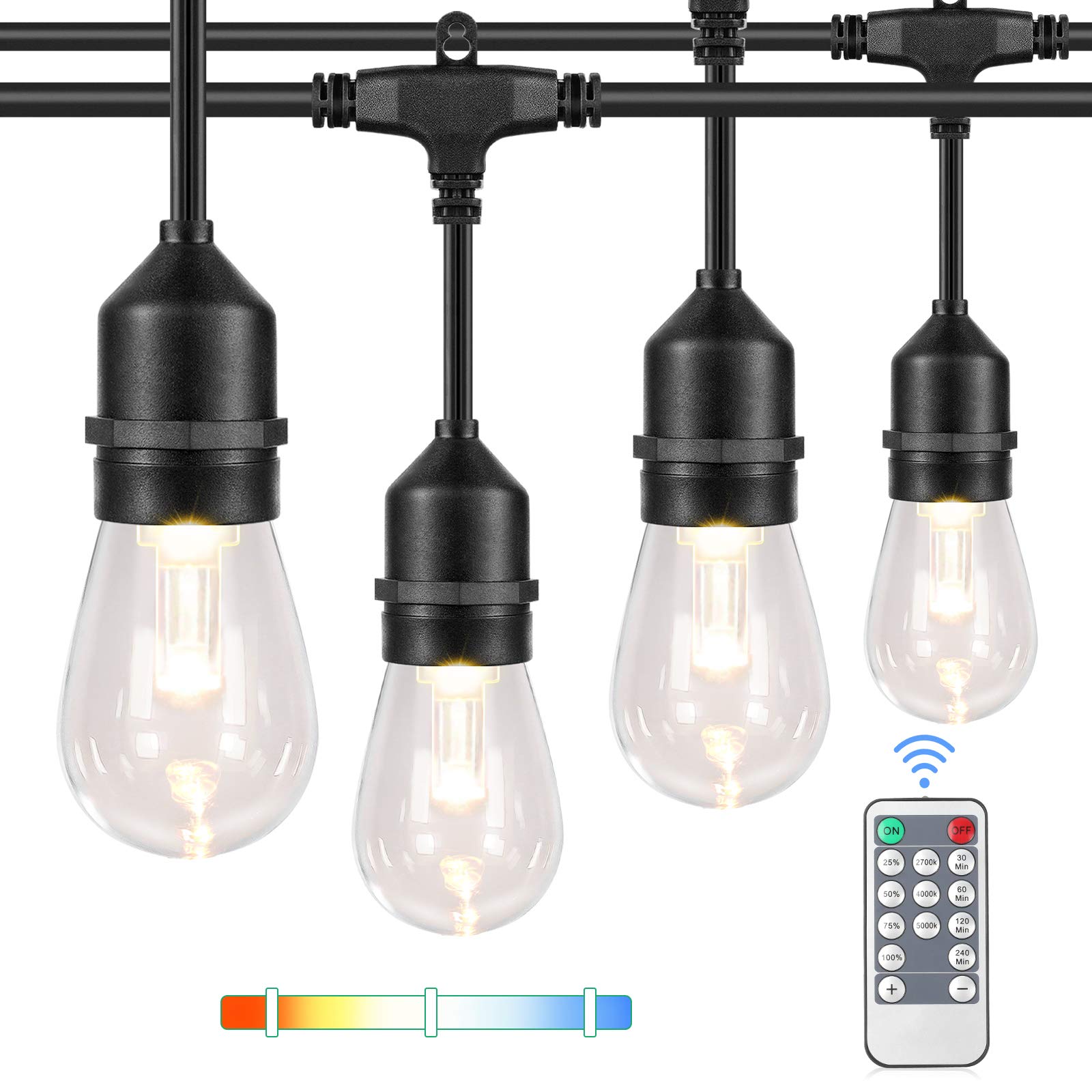 3 Color Dimmable LED Outdoor String Lights with Remotes, 48FT Waterproof Patio Hanging Lights with Shatterproof E26 S14 LED Bulbs for Bistro Cafe Pergola Party, Warm White/Nature White/Daylight White