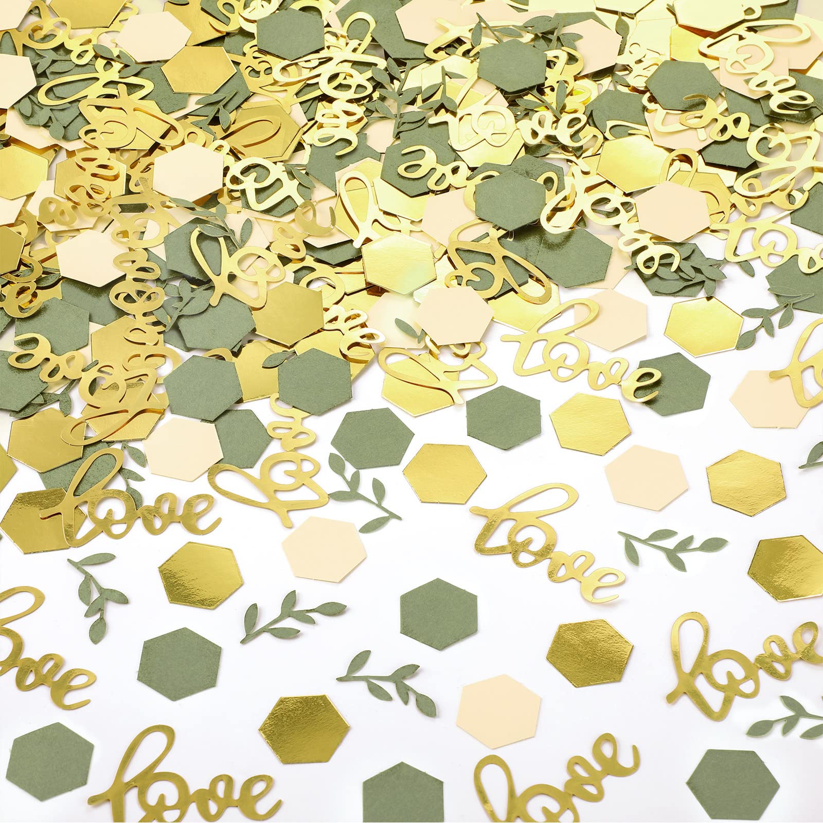 400 Pcs Greenery Wedding Table Confetti Decorations, Sage Olive Green Confetti Table Scatter Dots with Eucalyptus and Gold Love Confetti for Bridal Shower Wedding Decor(Wedding Style)