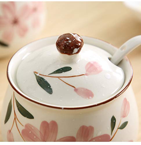 Ceramic Japanese Hand Painted Flower Sugar Bowl Seasoning Jar with Lid Spoon