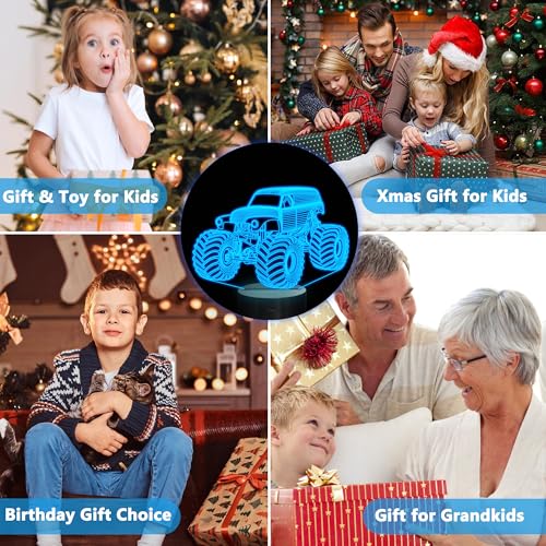 FULLOSUN Monster Truck Gifts, Car, Dirt Bike 3D Night Light for Kids (4 Patterns) with Remote Control & 16 Colors Changing & Dimmable Function & Gift Wrap, Xmas Birthday Gifts for Boy Girl (KIT1)