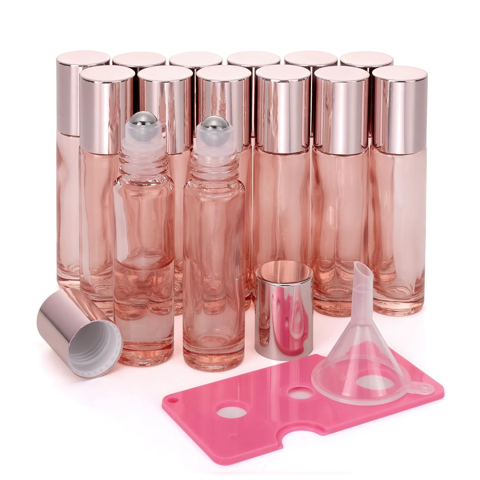 Kesell 14-Pack 10ml Glass Roller Bottles for Essential Oils - Travel- Refillable Perfume Bottles with Stainless Steel Roller Balls, Caps - Funnel for Aromatherapy, Perfumes