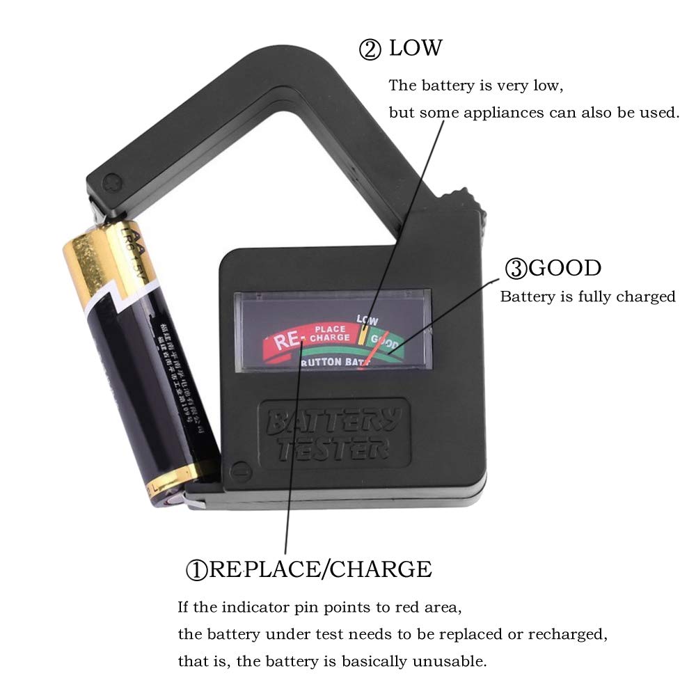 Battery Tester,Universal Battery Checker Meter,Multi Purpose Household Battery Load Tester Checker for AA/AAA/C/D/9V/1.5V Small Button Cell Batteries 12 V Lantern Cells & More (Black)