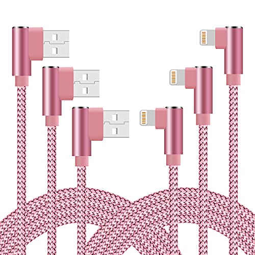 iPhone Charger 10 ft 90 Degree Lightning Cable 3 Pack MFi Certified Lightning Cable Nylon Braided Right Angle iPhone Charging Cable for iPhone 13 12 11 Pro X XS XR 8 Plus 7 6 5(Rose Gold,10 Foot)