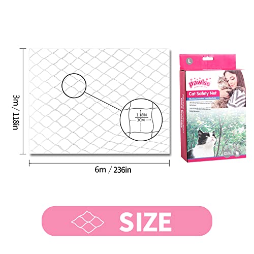 PAWISE Cat Safety Net, Cat Balcony Net Pet Anti-Fall Netting for Window Stairs,Dog Fence Nets Transparent(6m x 3m)