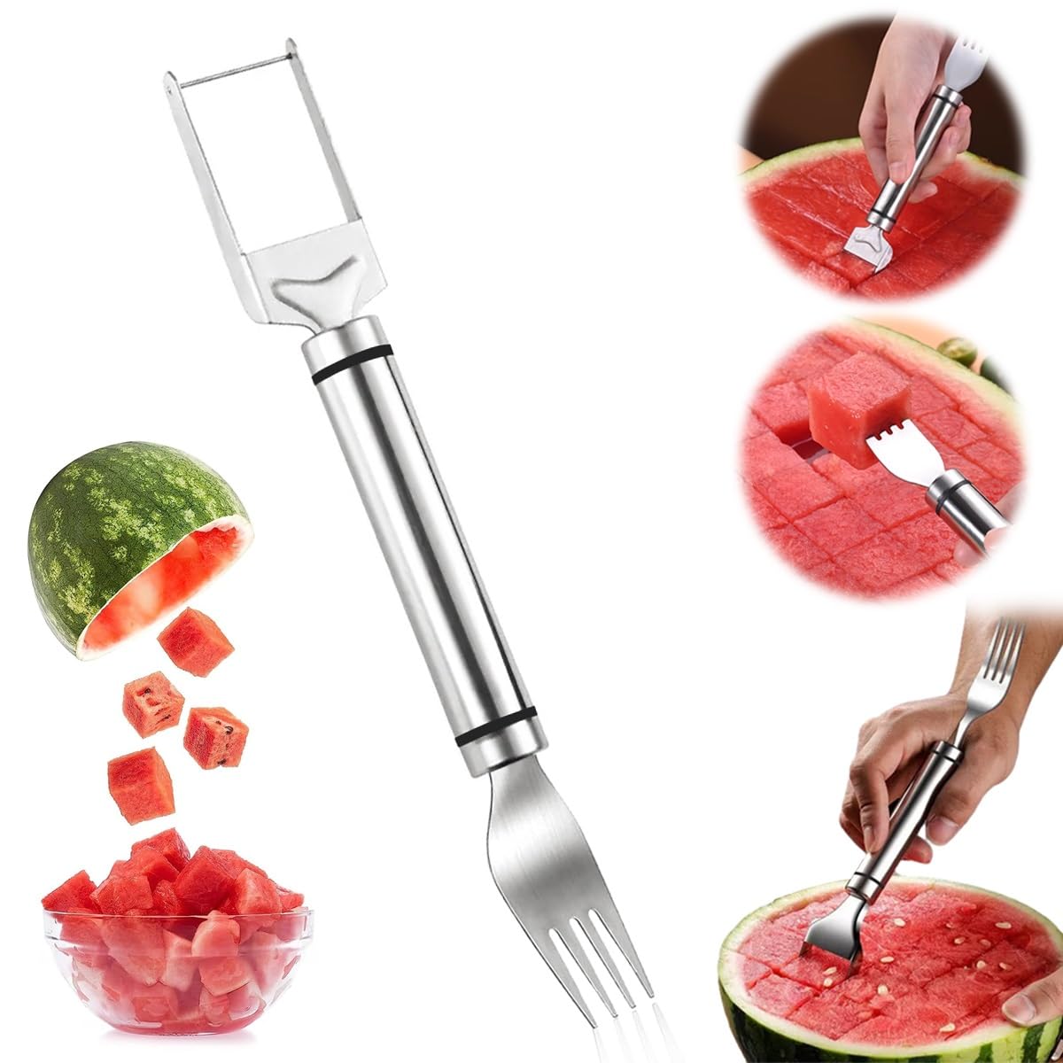 2-in-1 Stainless Steel Fruit Cutter,2024 New Upgrade Watermelon Fork Slicer Cutter Slicer Tool,Portable Watermelon Fork Watermelon Cutter Slicer Tool Fruit Forks Slicer for Home Party Camping Kitchen