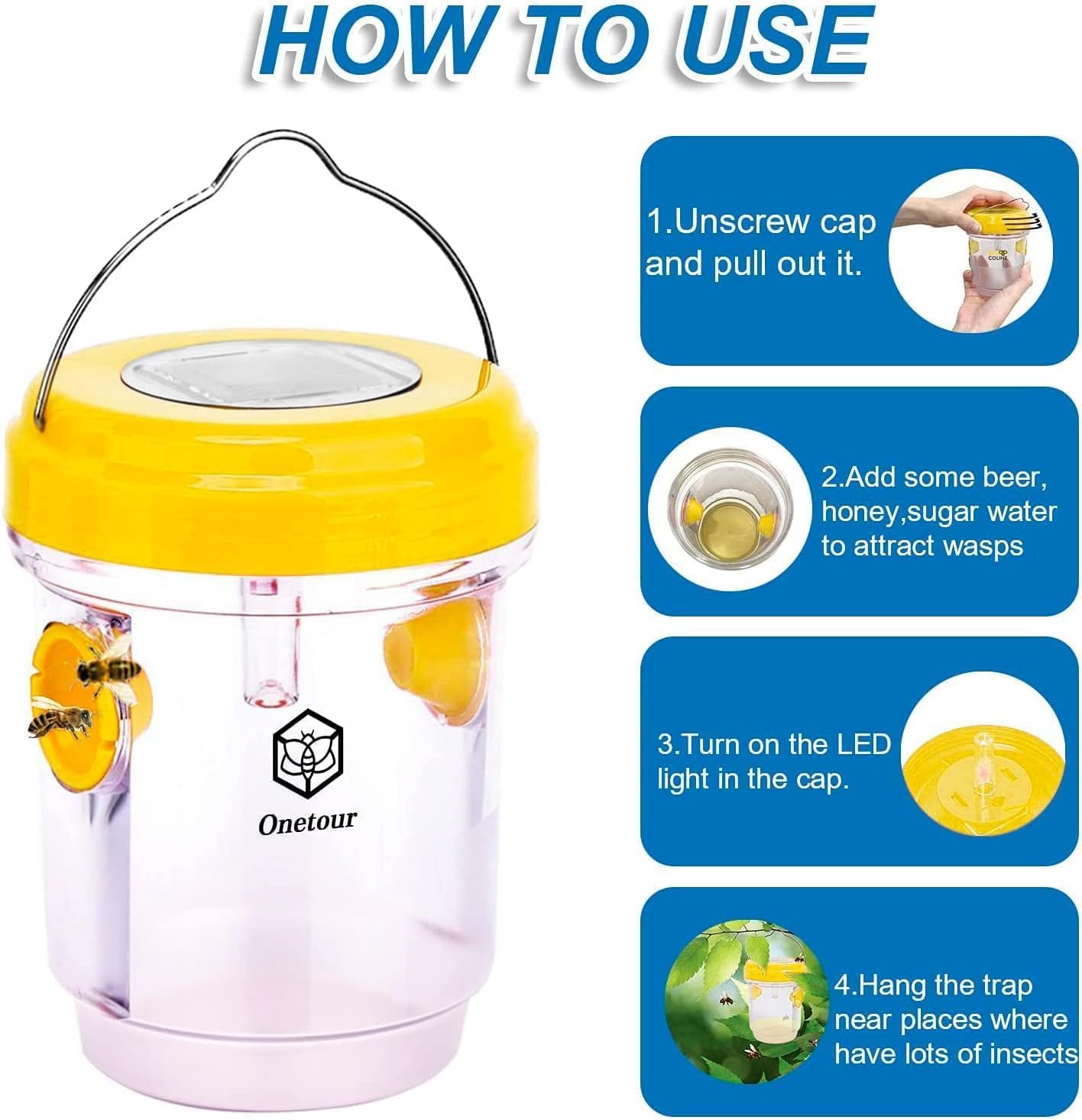 2 Packs Wasp Trap - Solar Powered Bee Trap Outdoor for Yellow Jackets, Hornets and Wasps - Durable Wasp Killer and Bee Killer - Reusable Yellow Jacket Trap and Insect Trap