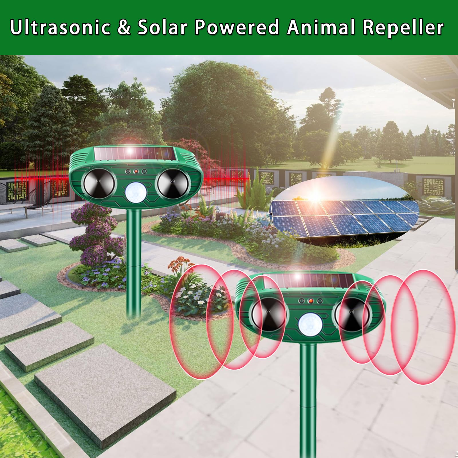 2 Pack Solar Ultrasonic Pest Animal Repeller, Deer Repellent Devices with Motion Sensor, Outdoor Waterproof Deterrent Repel Deer, Cat, Dog, Raccoon, Fox, Skunk, Rabbit, Squirrel for Garden, Yard