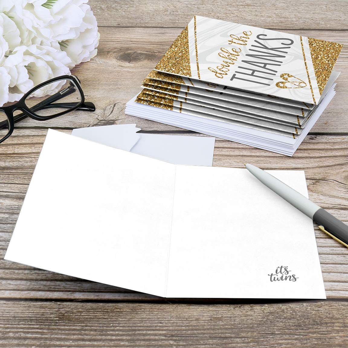 Big Dot of Happiness It's Twins - Gold Twins Baby Shower Thank You Cards (8 count)