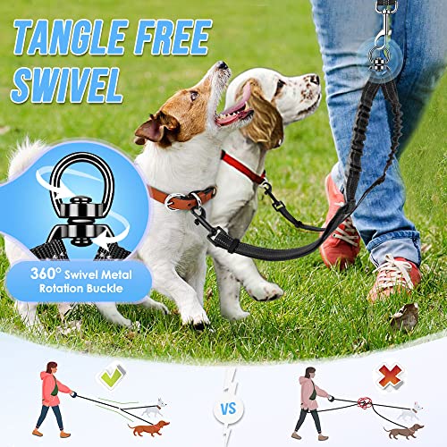 AUTOWT Double Dog Leash, No Tangle 360° Swivel Rotation Reflective Lead Attachment Adjustable Length Dual Two Dog Lead Splitter, Comfortable Shock Absorbing Walking Training for 2 Dogs