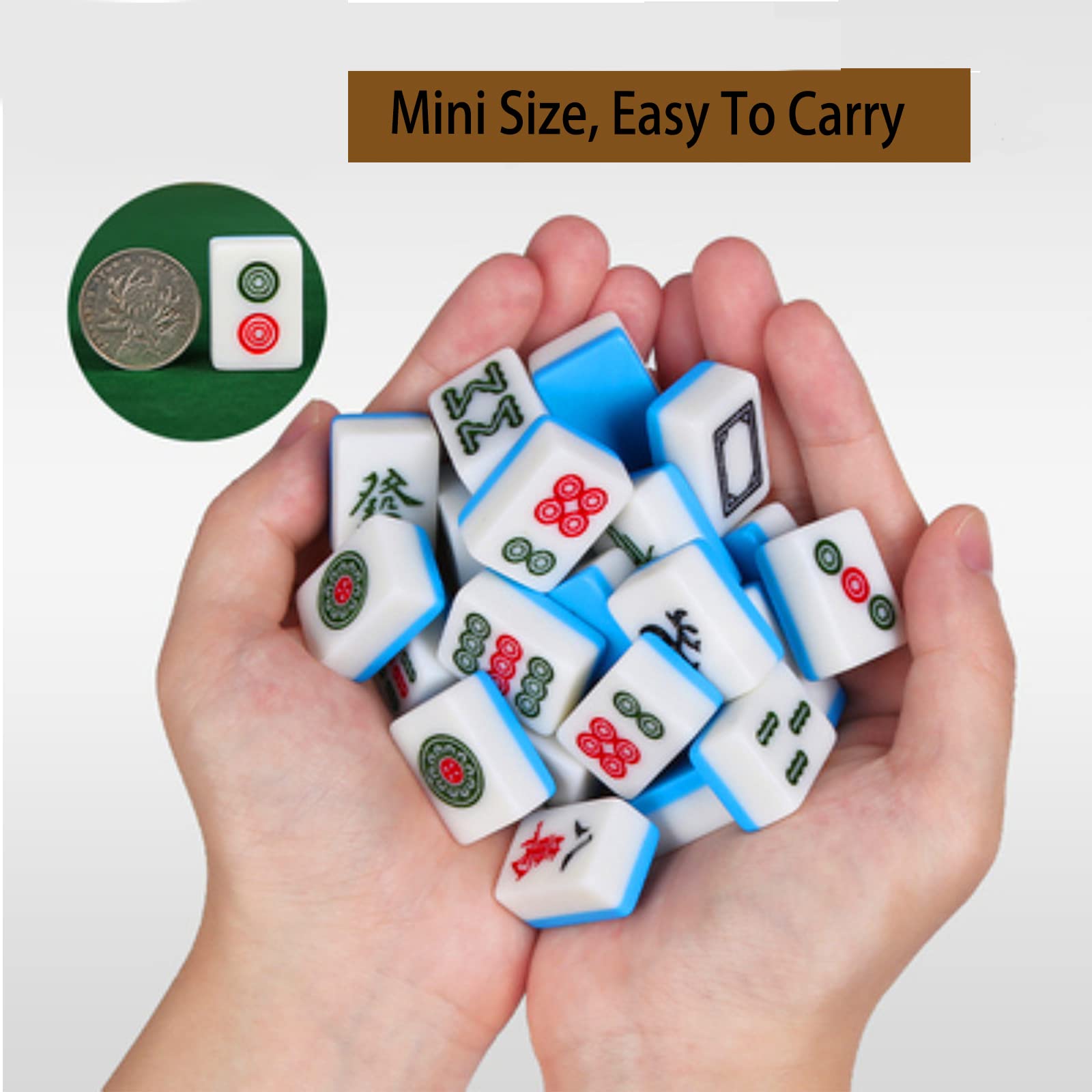 19.7" Square Foldable 4 Person Mahjong Table with 144 Mini Mahjong Tiles and Solid Wood Tile Box Chinese Mahjong Game Set with 4 Dice and Putter for Playing Mahjong Poker Puzzle Dominoes (Blue)