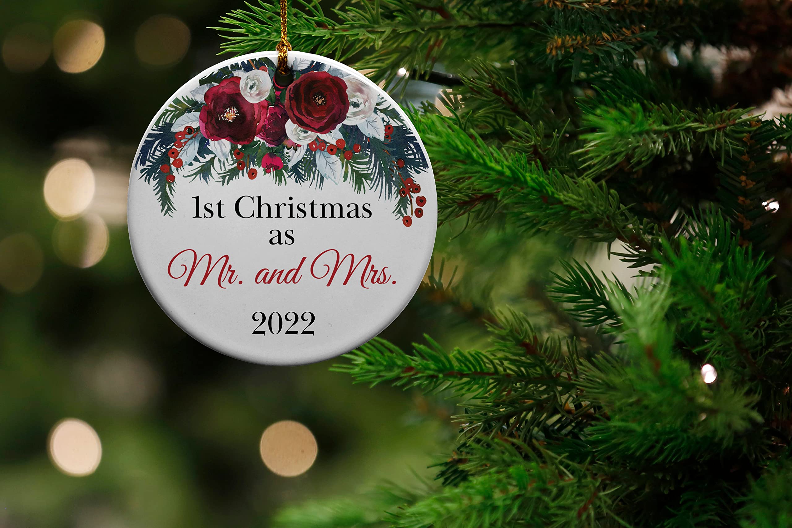 1st Christmas as Mr. and Mrs. Ceramic Christmas Tree Ornament Collectible Holiday Keepsake 2.875" Round Ornament in Decorative Gift Box with Bow- Perfect 1st Wedding