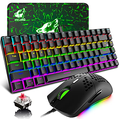 Gaming Keyboard and Mouse with Mechanical Red Switch Rainbow Backlit Wired Type-C 84 Keys Anti-ghosting,RGB 12000 DPI Lightweight Honeycomb Shell Gaming Mouse,Large Mouse Pad for PC Gamers(Black)