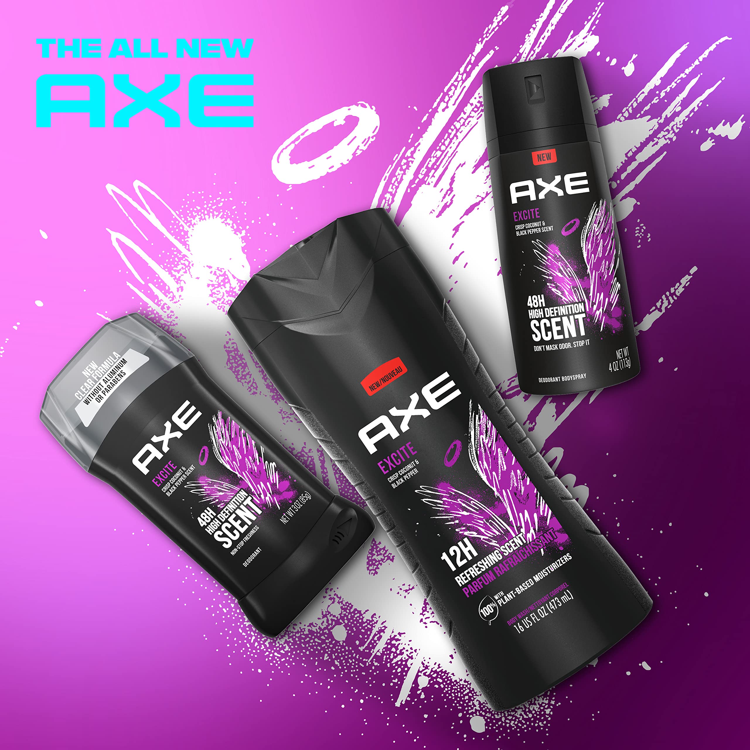 AXE Body Wash 12h Refreshing Scent Excite Crisp Coconut & Black Pepper Men's Body Wash with 100% Plant-Based Moisturizers 16 oz 4 Pack
