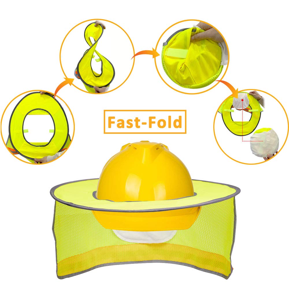 2 Pack Hard Hat Sun Shade, Llamaababie Full Brim Mesh Neck Shield for Construction Helmets, Sun Visor with High Visibility & Reflective Strip (Hard Hat Not Included) (Yellow 2PC)