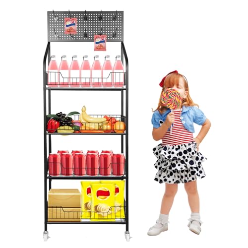 4-Tier Display Snack Rack,22.1lbs Load Metal Storage Shelf with Wheels & Hooks,10.2In Adjustable Tier Spacing Freestanding Snack Shelf Organizer for Pantry Kitchen Home Theater