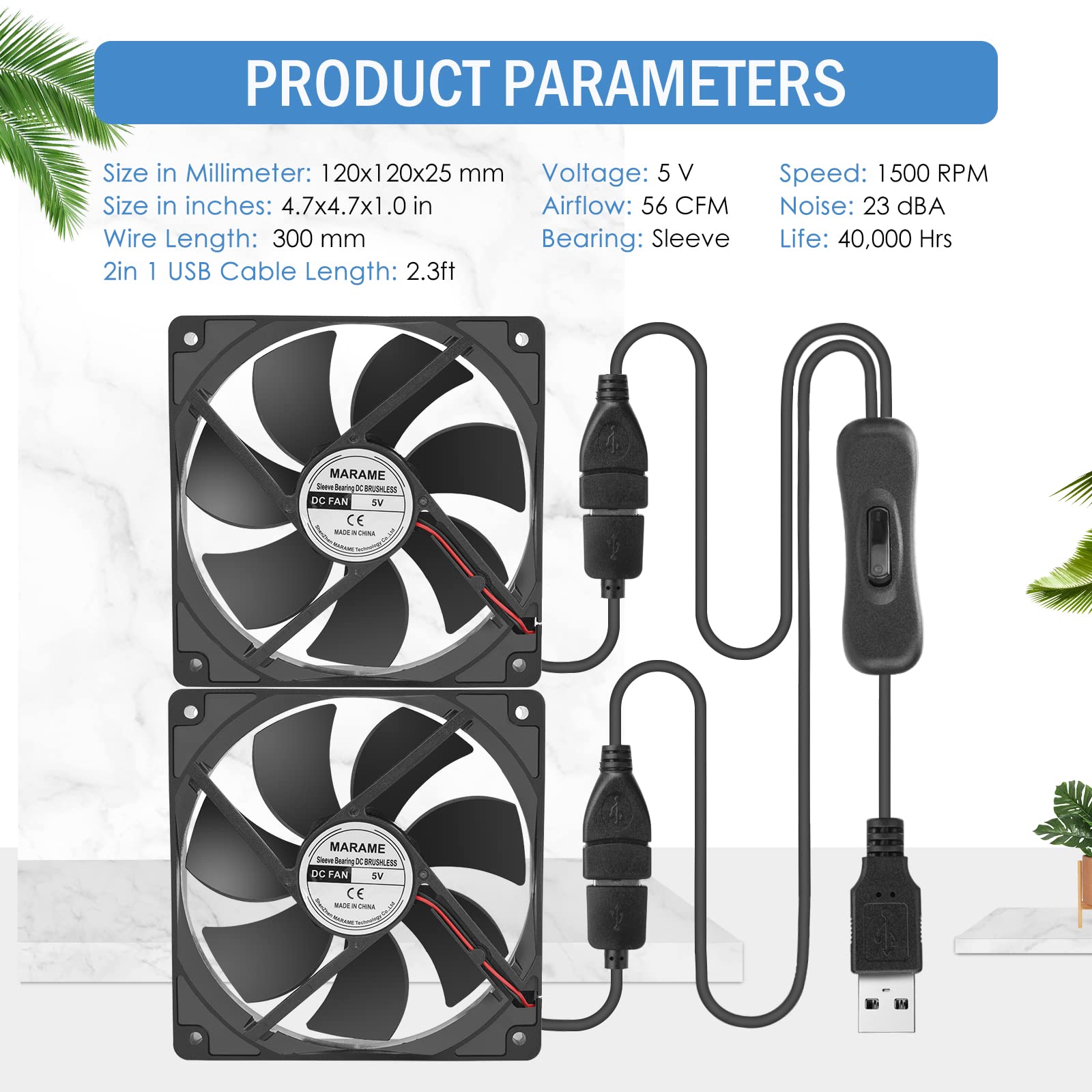 2-Pack 120mm USB Computer Fan with 1 Male to 2 Female Extension Cable with ON/Off Switch for Receiver DVR Playstation Xbox Computer Cabinet Cooling