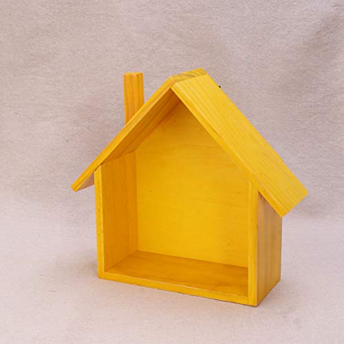 Cabilock Wooden House-Shaped Wall Storage Shelf Display Box Hanging Rack Holder Organizer for Bedroom Kids Room Kitchen (Yellow)