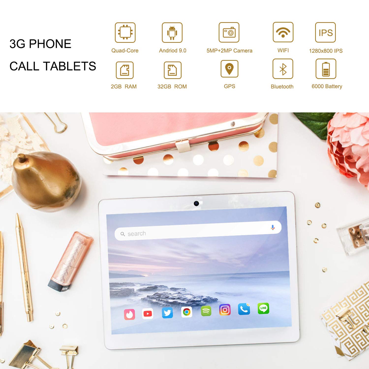 IBBWB Tablet 10 inch Android 9.0,3G Phone Call,2GB RAM, 32GB Storage, 6000mAh Battery, Dual Sim Card Slots and 5MP Rear Camera, WiFi,Bluetooth, GPS, FM, Metallic