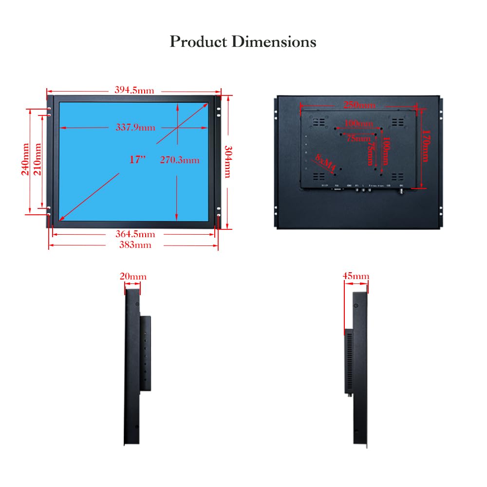 iChawk 17" inch Display 1280x1024 4:3 RCA BNC HDMI-in VGA Metal Shell Embedded Open Frame Wall-Mounted Built-in Speaker Remote Control PC Monitor LCD Screen USB Port U-Disk Video Player, K170MN-59