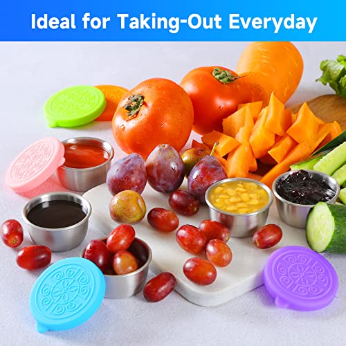 6 Pack 1.6 OZ Salad Dressing Containers To Go, Advanced Stainless Steel Condiment Containers with Silicone Lids Easy to Open, Leakproof colorful Compact Salad Sauce Cups Easy to Carry Everyday
