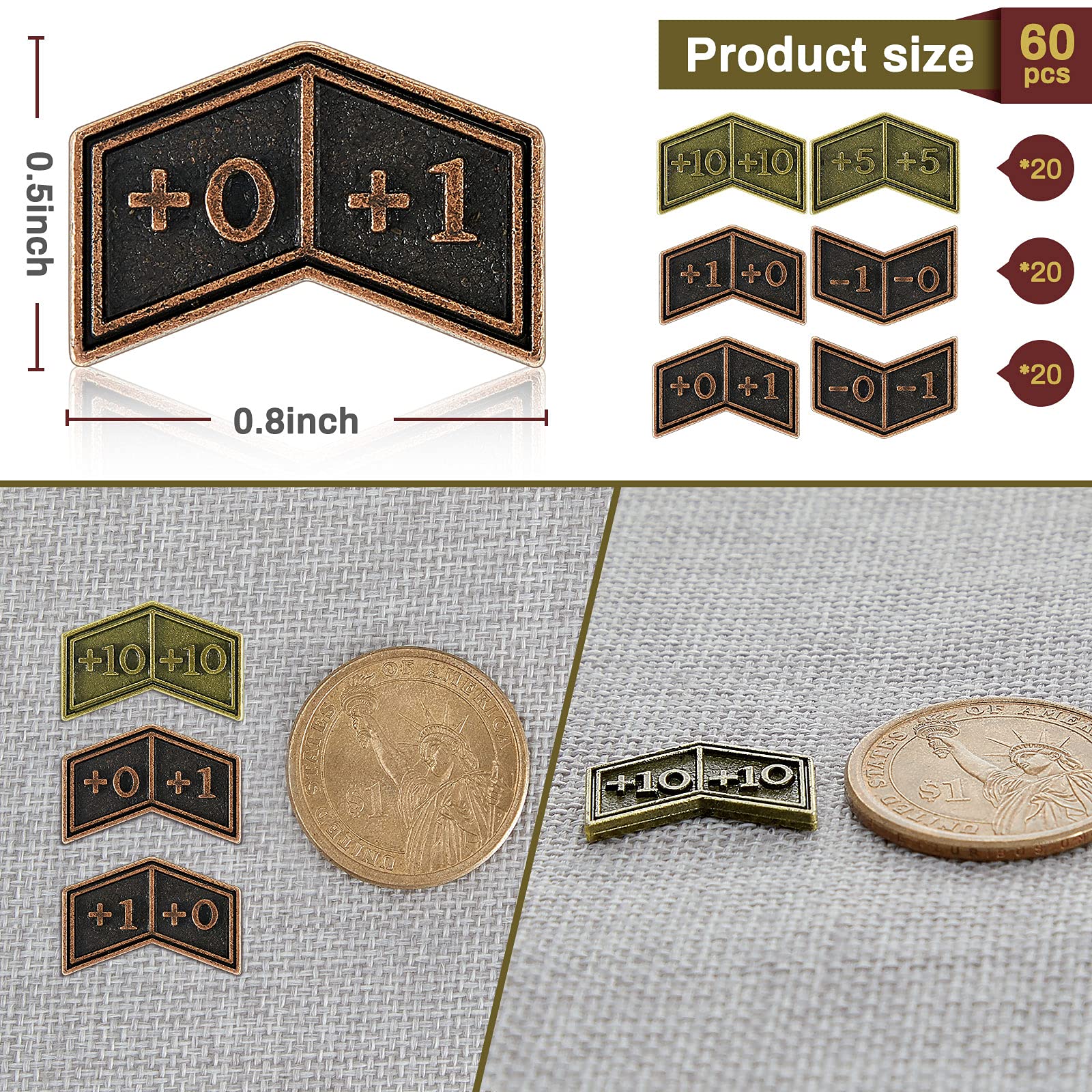 60 Pieces Magic Gathering Counters Tokens Antique Gold Metal Tokens Counters Double Sided Compatible with CCG and MTG with Velvet Drawstring Pouch