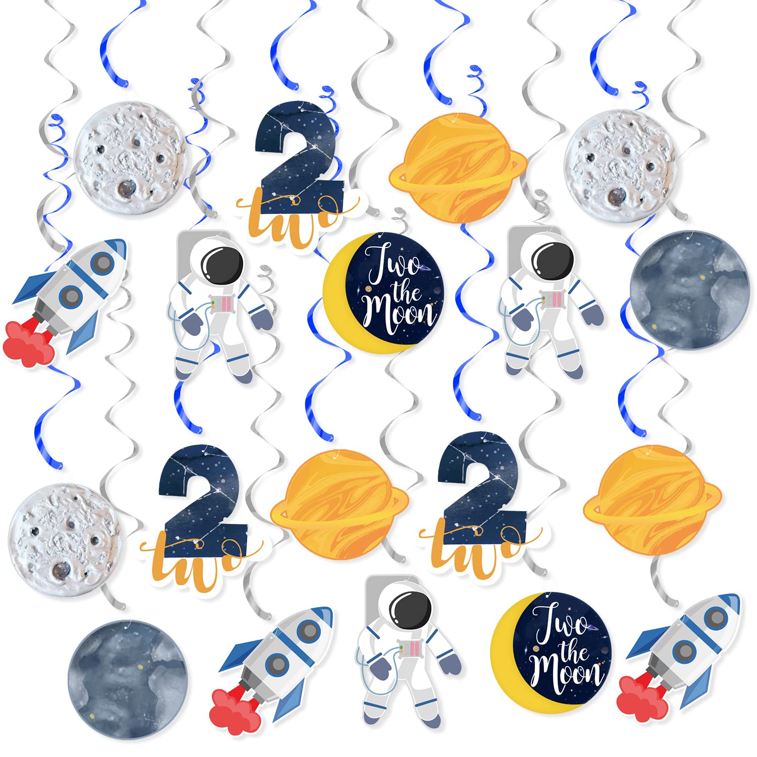 20Pcs Space 2nd Birthday Hanging Swirl Decorations,Two The Moon Second Birthday Party Hanging Decor for Kids Boy Baby Shower,to The Moon Birthday Decor,2 Year Old Outer Space Party Supplies