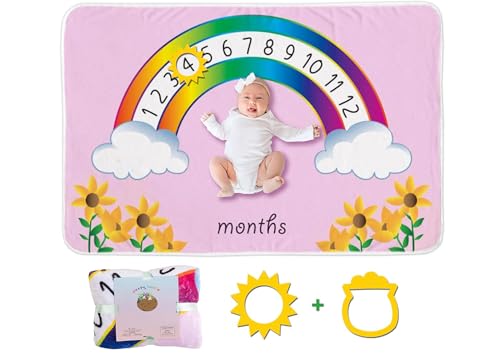 SleepyCookie: Baby Monthly Milestone Blanket, Baby Girl Gift, Baby Gift Set — Lightweight, Soft, Colorful —Rainbow Edition| 2 Frames| Scrapbook Stickers| Fleece, 60"x40" (Pink)
