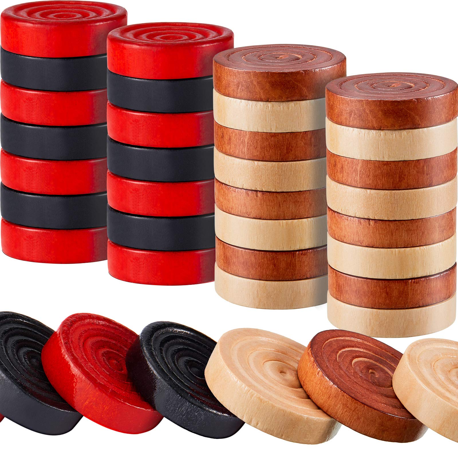 48 Pieces Wooden Checkers 1.06 Inch Wooden Checkers Pieces with Stackable Ridge in Drawstring Storage Pouch Red Black Dark Brown Wood Color (Red, Black, Dark Brown, Natural Color)