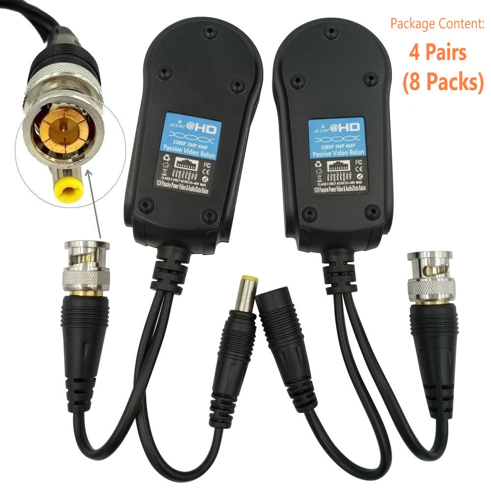 AIMHD 4 Pair Passive Video Balun with Power, Upgraded 1080P - 8MP BNC to RJ45 Long Distance Network Transceiver, Cat5e Cat6 Cable to BNC Male Adapter for CCTV Security Surveillance Camera System
