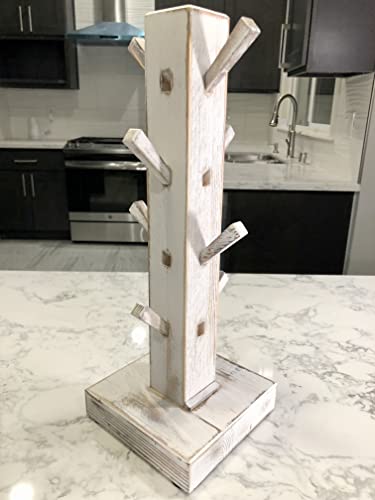 16" Solid Wood Coffee Mug Stand | Coffee Mug Tree | Coffee Mug Rack | Coffee Cup Holder | Adjustable / Removable Hooks | Holds 10 Mugs | Collapsible for Storage | Jewelry / Watch Organization (White)