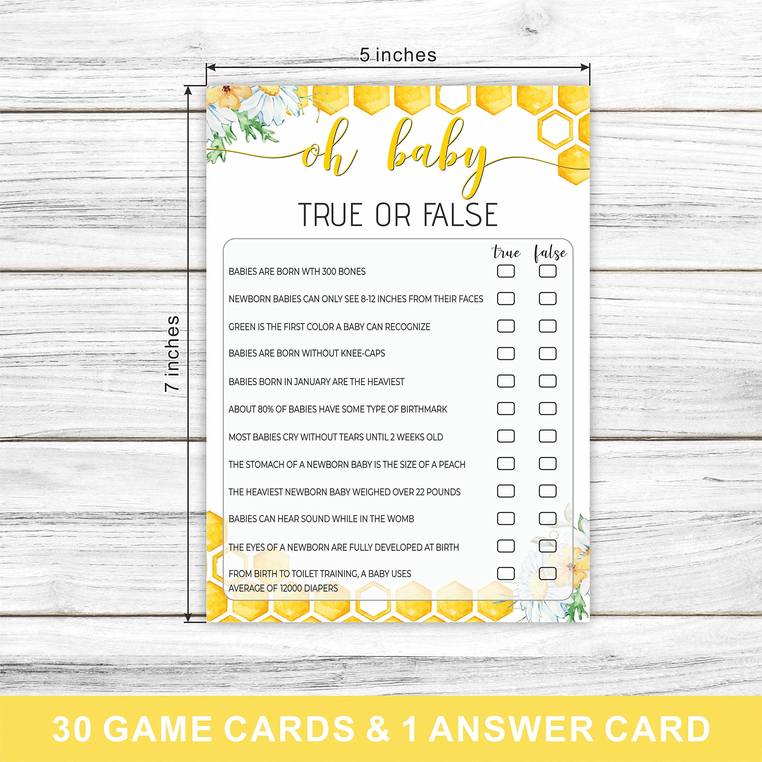30 Honey Bee Themed Baby Shower Game Cards with an Answer Card, Baby True or False double sided (5 X 7 inches)-(BABYYX-006)
