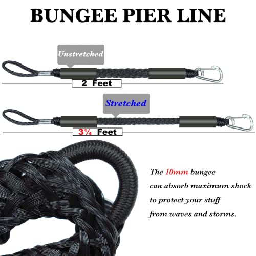 2PCS Fender Lines 2FT Premium Bungee Boat Lines with 316 Stainless Clip for Boat Bumper/Boat Fender Boat Accessories for Mooring for Jet Ski, SeaDoo, Yamaha WaveRunner Dinghy (Black, 2 Feet)