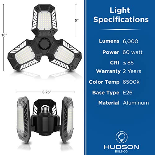 Hudson 6W LED Garage Light - 6000K Cool White deformable LED Shop Light (60W Equivalent) - E26/E27 Standard Screw Based Adjustable LED Light for Ceiling Fixture - 6000 Lumens Work Shop/Bay LED Light