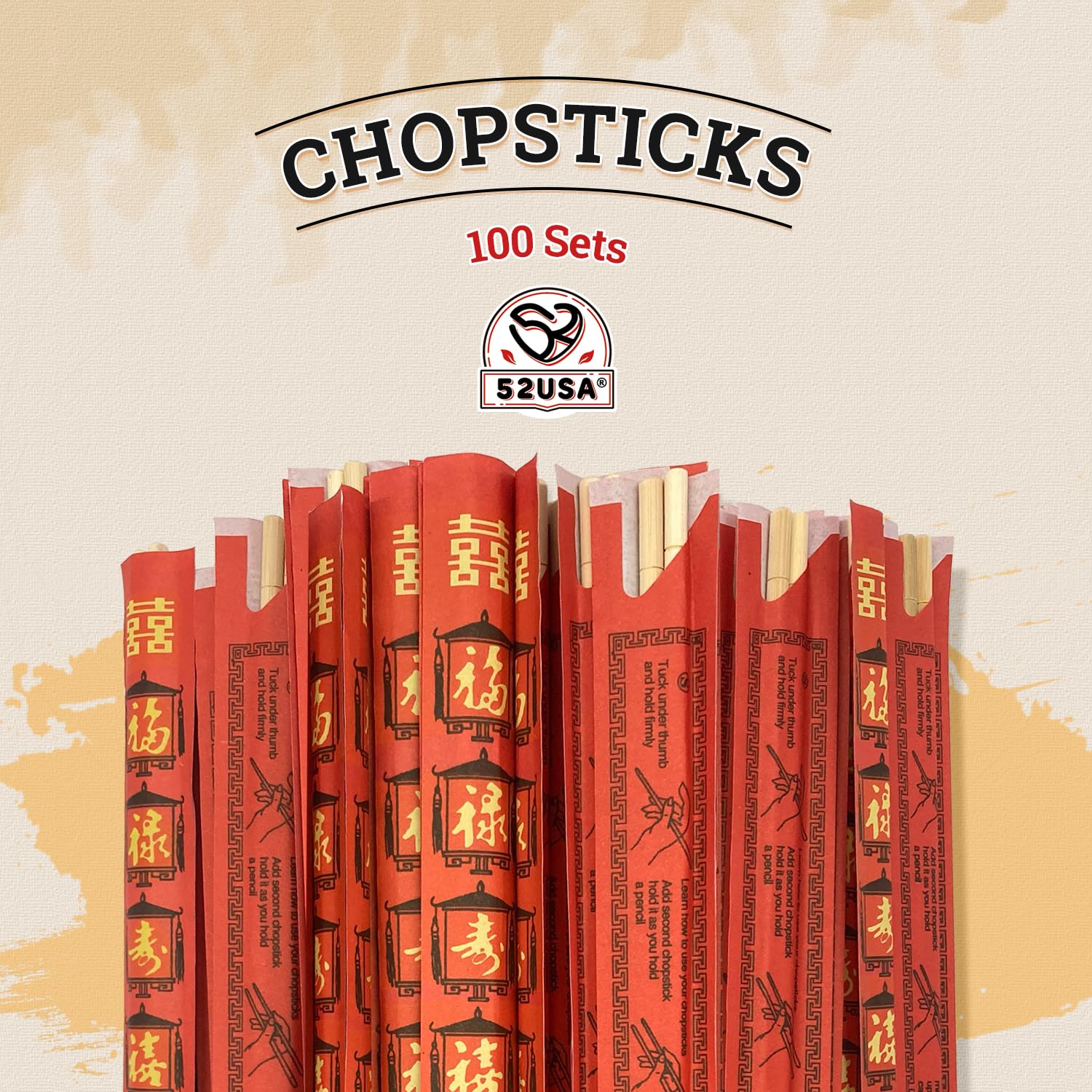 52USA Disposable Bamboo Chopsticks (100 Sets), Wooden Japanese Chopsticks Bulk, 9'' Long Chopsticks Disposable, Individually Wrapped Chinese Chopsticks