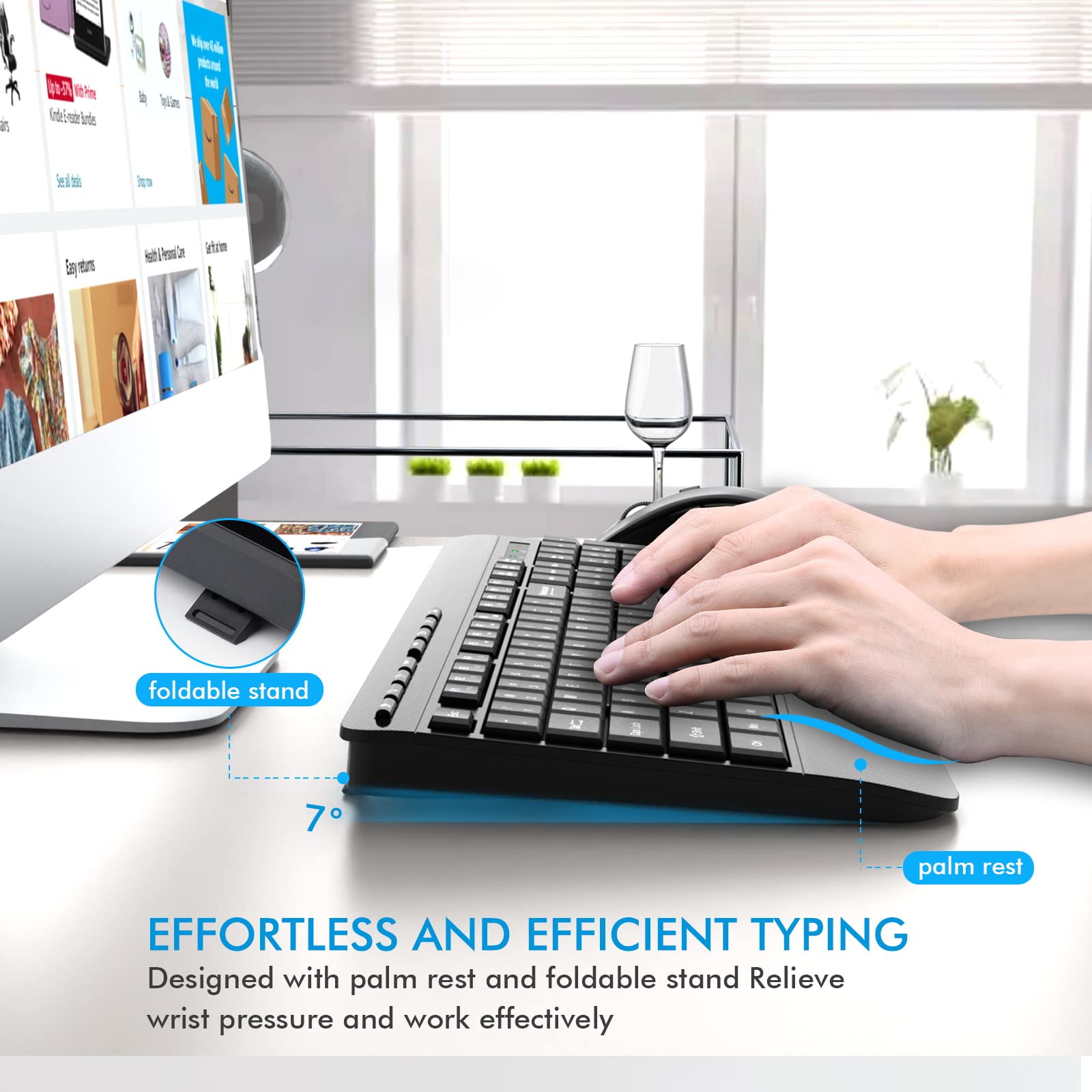 Wireless Keyboard and Mouse Combo, E-YOOSO 2.4G Full-Sized Ergonomic Keyboard Mouse Combo with Wrist Rest, 3 DPI Adjustable Wireless Optical Mice with USB Nano Receiver for Laptop/Windows/Mac OS/PC