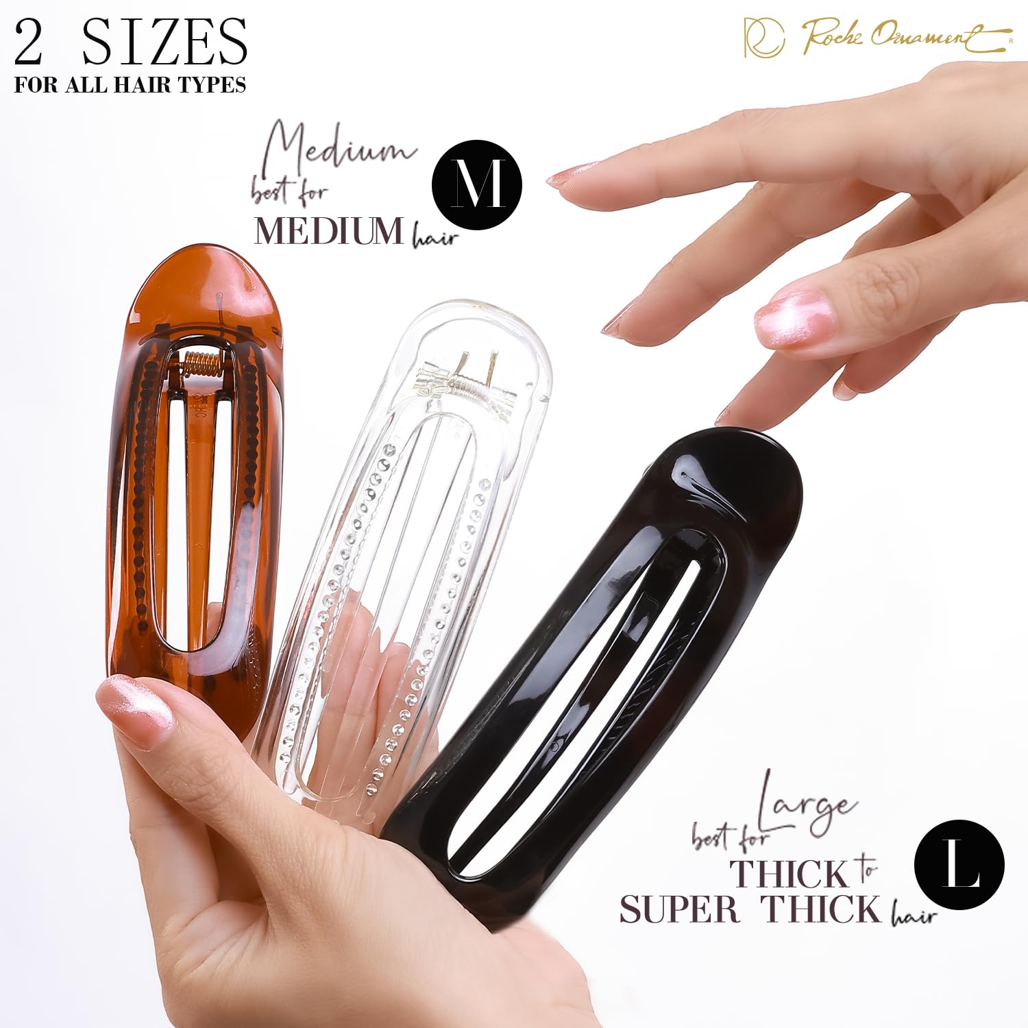 RC ROCHE ORNAMENT 6 Pcs Womens French Barrette Classic Duckbill Alligator Eyelet Oval Hair Decor Clips Side Slide Firm Grip Beauty Accessory Plastic Styling Pin Clamps, Medium Clear Brown and Black