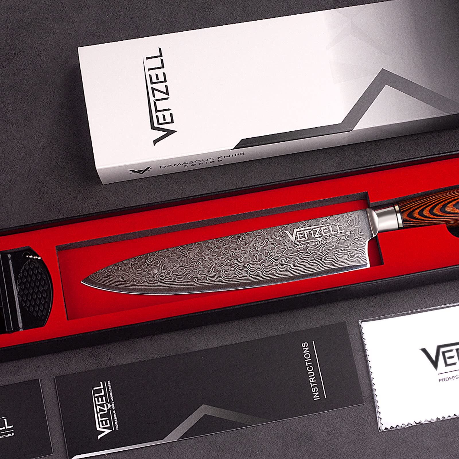 VENZELL Handmade 8 inch Chef Knife, 67-layer Damascus Stainless Steel Knife, HRC60±2 Professional Chopping Knife with Ergonomic PAKKA Wood Handle