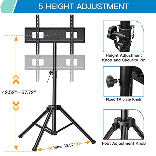 PERLESMITH Tripod TV Stand -Portable TV Stand for 37-80 Inch LED LCD OLED Flat Screen TVs-Height Adjustable Display Floor TV Stand with VESA 600x400mm, Holds up to 110lbs PSTM2