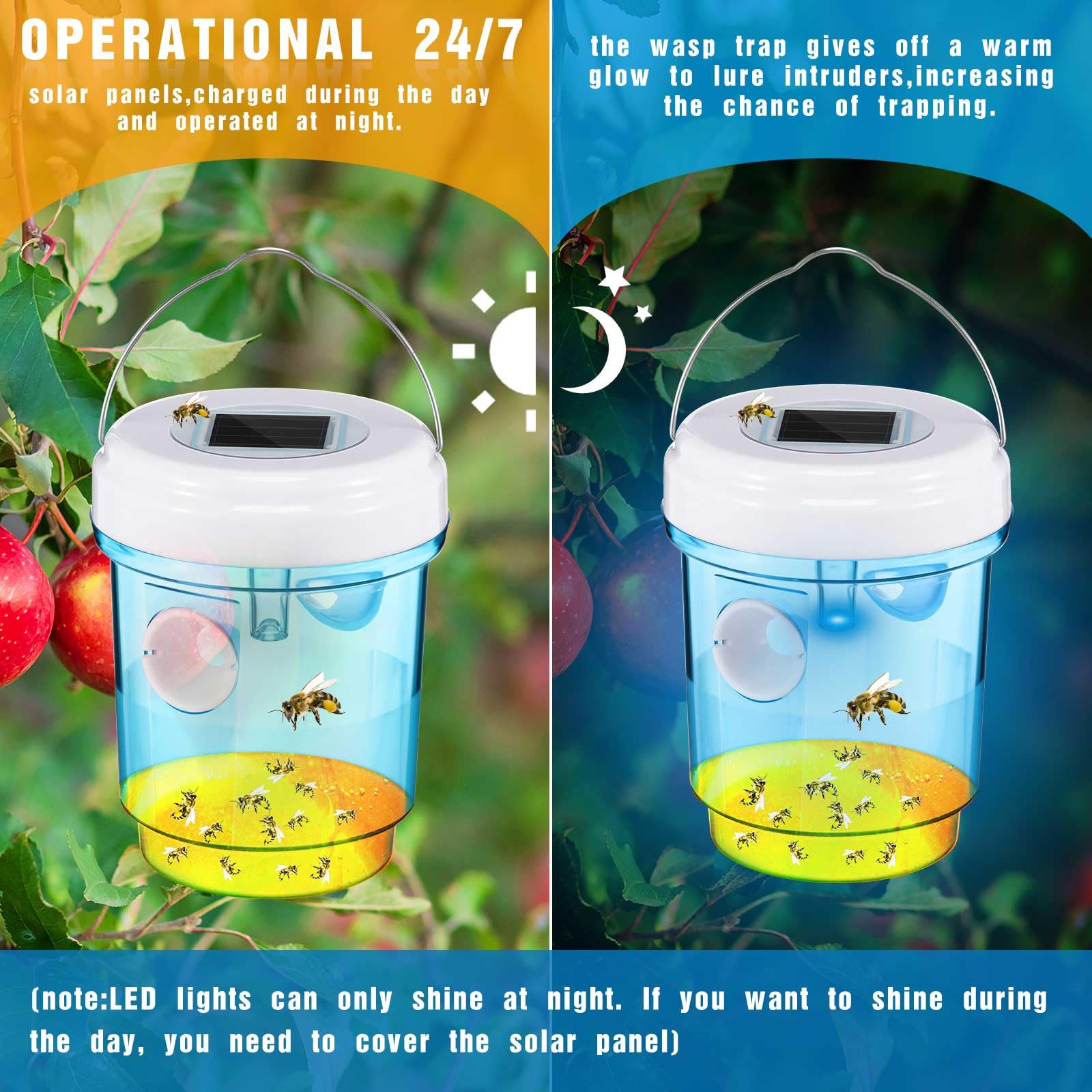2 Pack Wasp Traps Outdoor Hanging Fly Traps with UV LED Light Solar Powered Hornet Trap Non-Toxic Reusable Hornet Traps Wasp Killer for Indoor Outdoor Patio Garden Home (Blue)