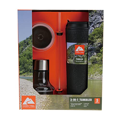 Ozark Trails Tumbler Set - 20 Oz, 3 Lids & Straw, Vacuum Insulated Stainless Steel Bottle with Leak-Proof Lid, Coffee Travel Mug With Straw Lid, Gift Box,Black