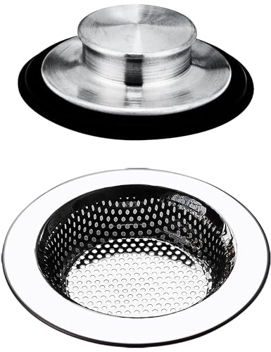 2 Pack Kitchen Sink Drain Strainer and Anti-Clogging Kitchen Sink Stopper - Kitchen Drainer and Stopper Set for Standard 3-1/2 Inch Kitchen Sink Drain