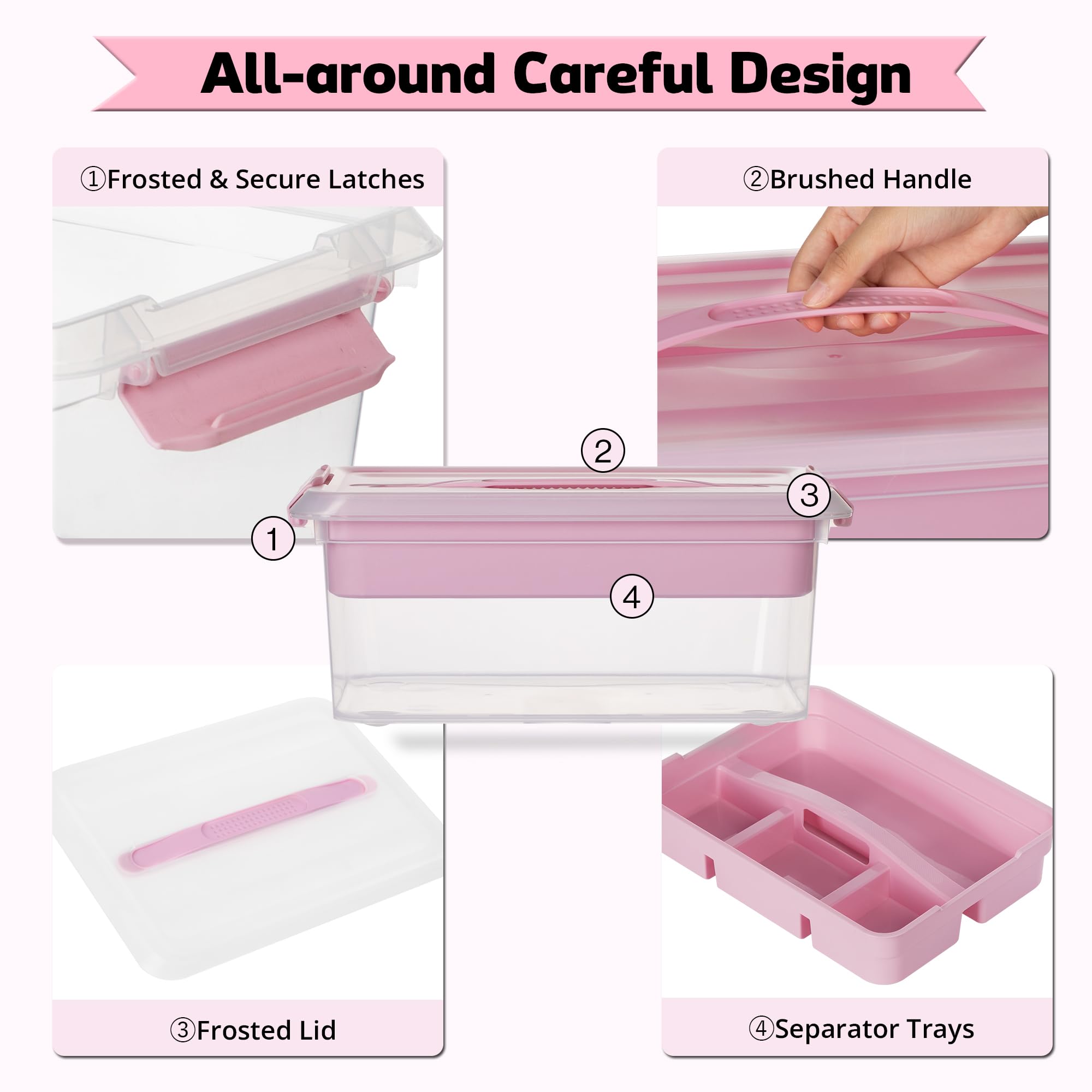 2-Pack Craft Organizers and Storage Boxes, 20 QT Playdoh storage box with Frosted Lid & Removable Tray, Pink Multi-Purpose Organizer for Toys, Crafts, Tools, Bead