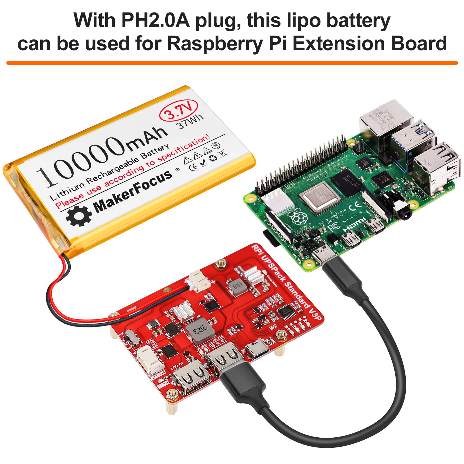 MakerFocus 3.7V LiPo Battery 10000mAh Lithium Rechargeable Battery with Integrated Protective Board, Insulation Coating and PH2.0A Plug for Raspberry Pi UPS Board and Other