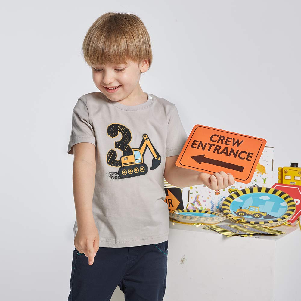 AMZTM 3rd Birthday Bulldozer Construction Party T-Shirt 3 Years Old Toddler Boy Shirt (4T, Grey)